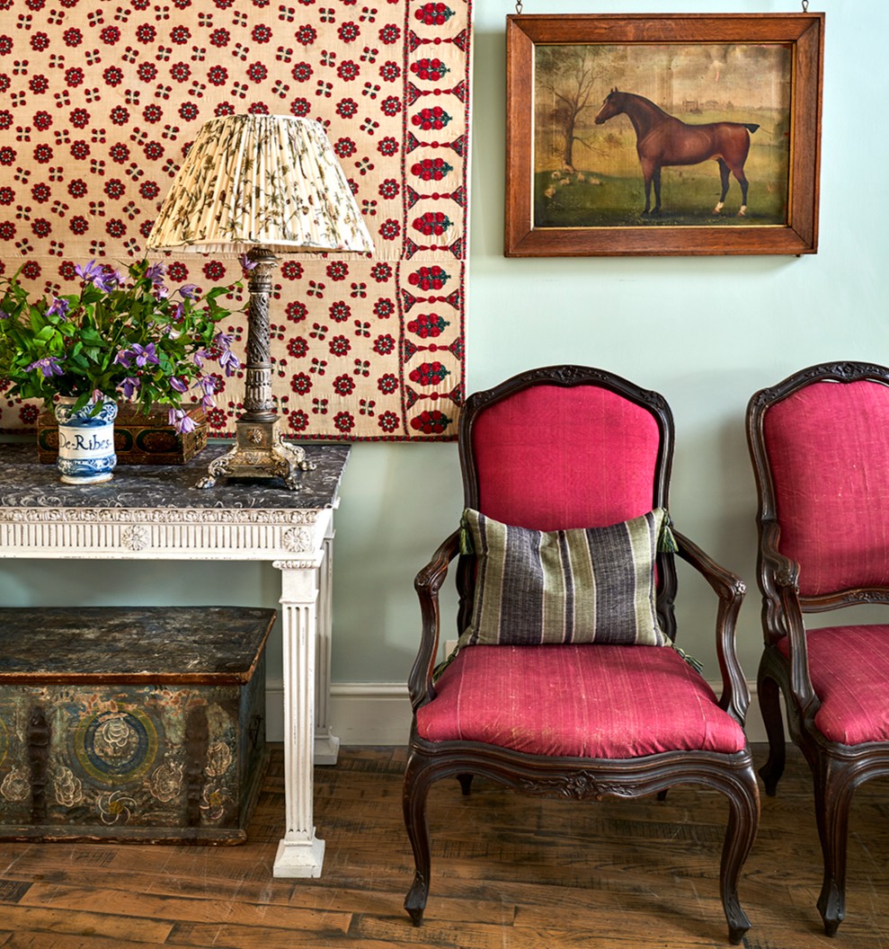 A pair of 18th century Italian chairs upholstered in cerise silk weave ...