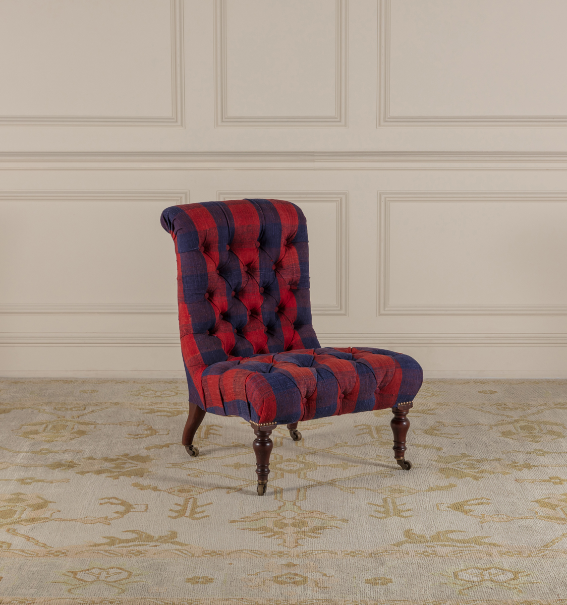 A late 19th Century mahogany slipper chair, stamped 'C Hindley' in red ...
