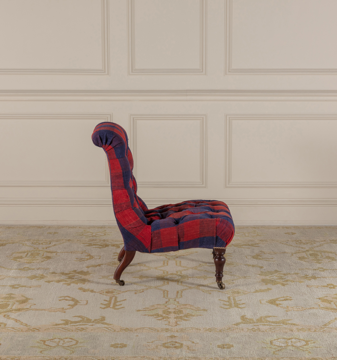 A late 19th Century mahogany slipper chair, stamped 'C Hindley' in red ...